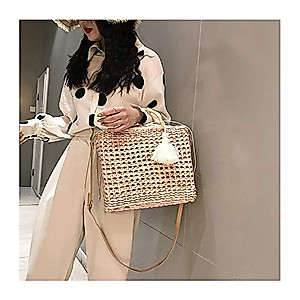 QTKJ Fashion Women Summer Straw Crossbody Bag with Cute Tassels Pendant, Hand-Woven Beach Shoulder Bag with Top Wooden Handle Tote Bag (Khaki)