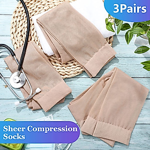 Shellwei 3 Pairs Sheer Compression Socks 20-30 mmHg Sheer Compression Stockings Graduated Compression Socks 20-30 mmHg Knee High Compression Socks for Women Swelling Edema (Nude, Large)