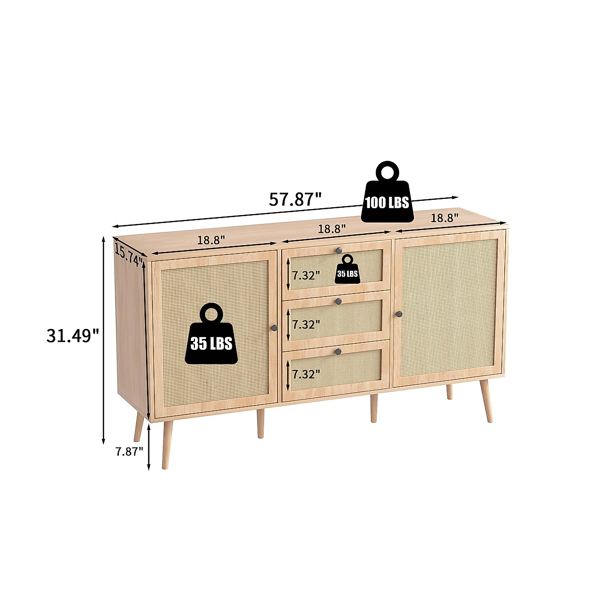 Rattan Sideboard Buffets Cabinet Farmhouse Boho Buffet Sideboard with 3 Drawers and 2 Doors Storage Cabinet Adjustable Shelves Console Table Cupboard Accent Cabinet for Living Room Kitchen