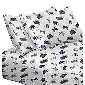 Kids Rule 3-Piece Game Controllers Sheet Set | 1 Twin Flat Sheet, 1 Twin Fitted Sheet & 1 Queen Pillowcase | 100% Softly Brushed Microfiber Polyester | Soft, Smooth & Durable | Ideal for Kids | Grey