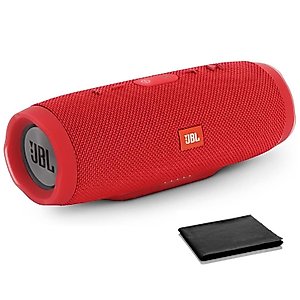 JBL Charge 3 Waterproof Portable Bluetooth Speaker, includes Microfiber Cleaning Cloth - Red