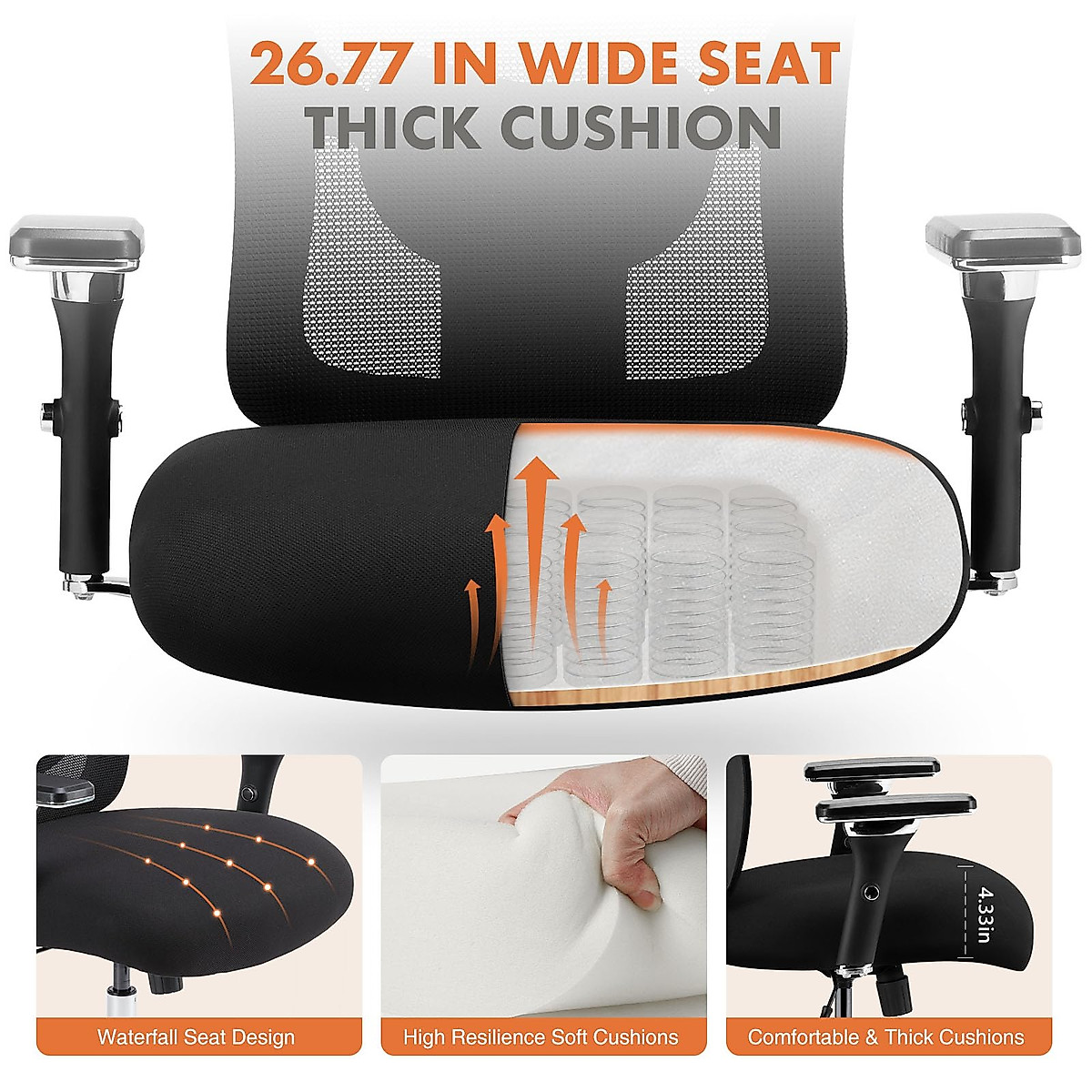 Sweetcrispy Big and Tall Office Desk Chair with Lumbar Support, 500lbs Heavy Duty Mesh Ergonomic Computer Chair with Arm and Wide Comfy Seat, Wheels for Adult