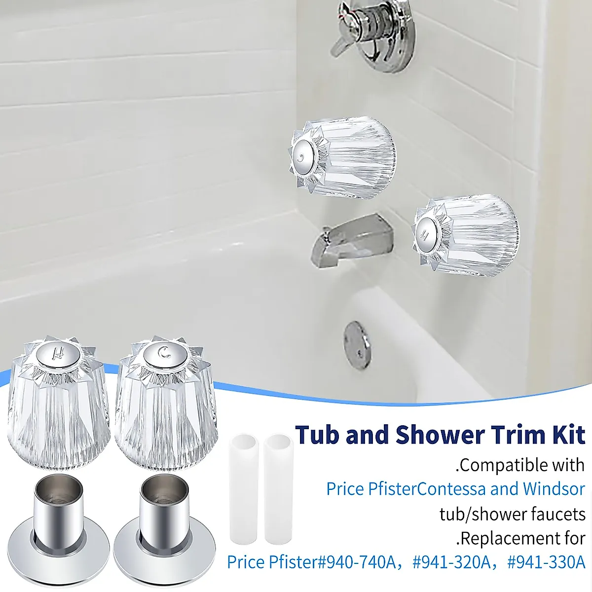 Sel Natural 2 Set Shower Faucet Handle Replacement, Compatible with Price Pfister Contessa and Windsor Tub and Shower Faucets Clear Acrylic Hot and Cold Shower Knob Replacement for Remodeling Trim