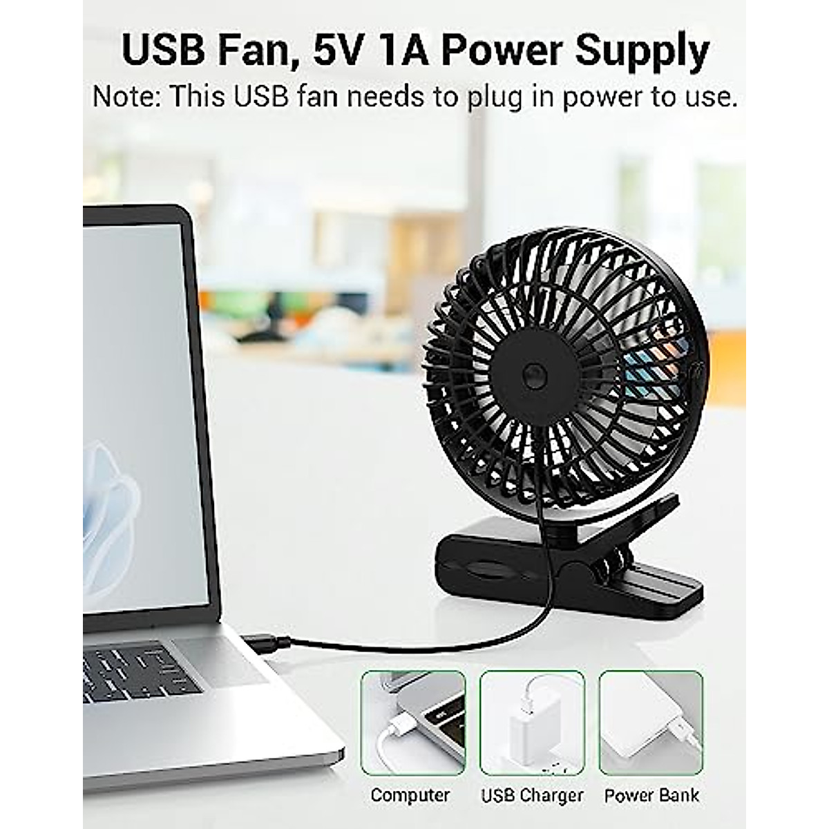 GEHEN 3-Speed Clip-On Fan with Sturdy Clamp & Strong Airflow, USB-Powered for Easy Cooling, Ultra-Quiet Operation Ideal for Bedroom, Office, & Stroller Use