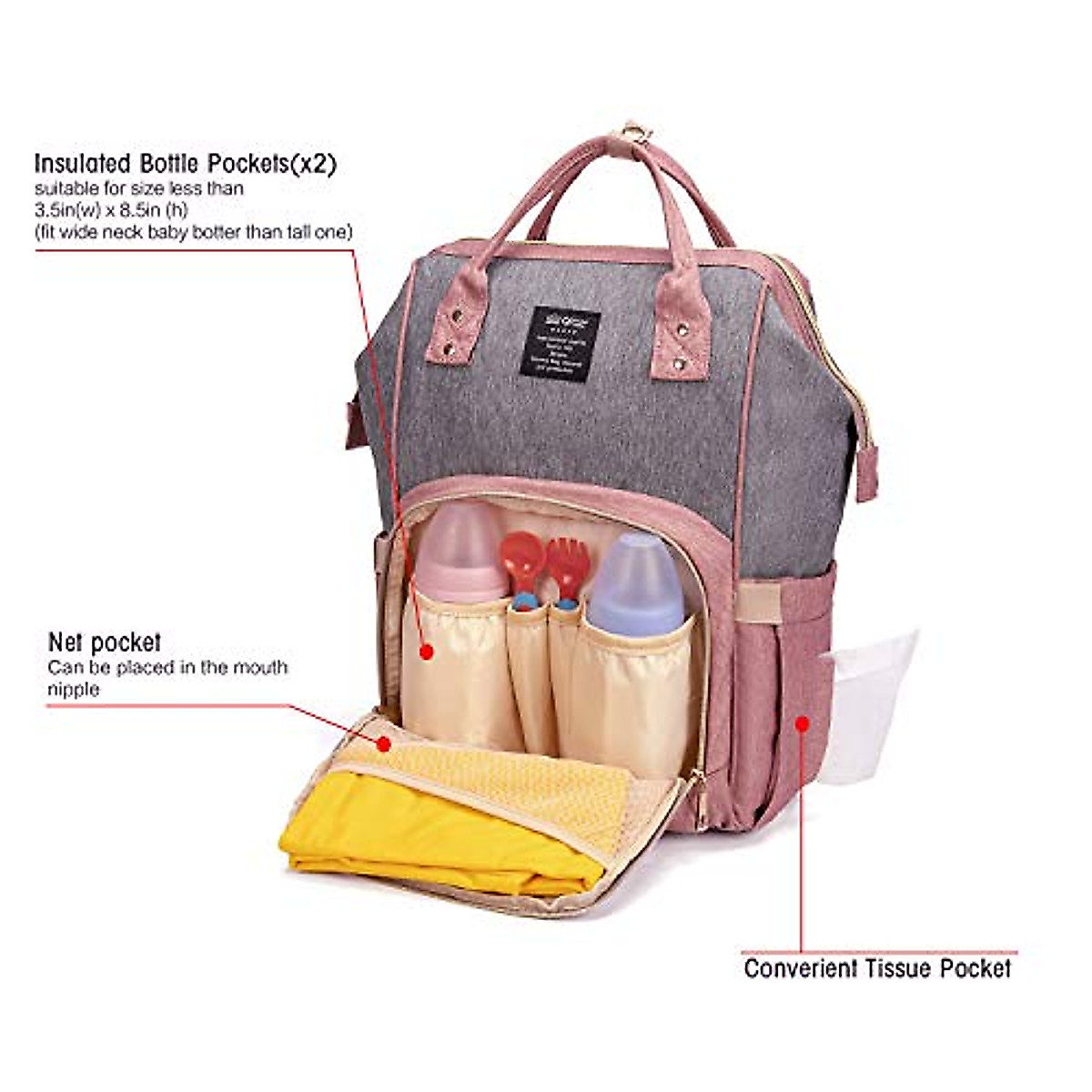 QIMIAOBABY Diaper Bag Backpack,Waterproof Multifunctional Large Travel Nappy Changing Bags… (Pink with gray)