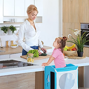 Costzon Kids Kitchen Step Stool with Safety Rail, Folding Wooden Step Helper w/Adjustable Height, Blackboard, Protective Netting, Stable Fixed Feet, Countertop Standing Tower for Toddlers(White)