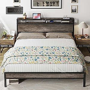 AMERLIFE King Size Bed Frame Industrial Platform Bed with Charging Station, 2-Tier Storage Headboard/No Box Spring Needed/Noise-Free/Rustic Grey
