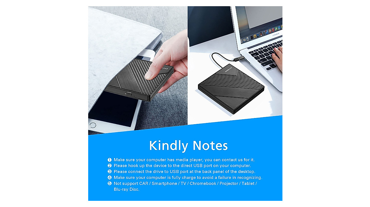 Amicool External DVD Drive USB 3.0 & C - Portable CD Burner