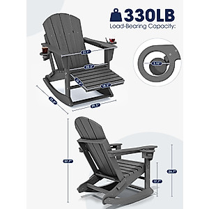 KINGYES Folding Adirondack Rocking Chair with Retractable Ottoman and Cup Holders, 4-in-1 Multifunctional HDPE Adirondack Chair for Porch, Patio, Balcony, Leaden Grey