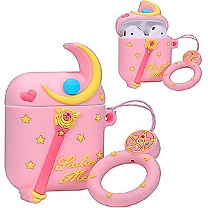 TanMay AirPods 1 & 2 Case Soft Silicone Pink Sailor Moon Crystal Wand Cover with Strap for Apple AirPods 3D Cartoon Magical Girl,Protective Cool Fun Cute Lovely Special Girls (Magic Wand)
