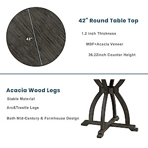 Bellemave Round Dining Set 5-Piece Farmhouse Kitchen Table and Chairs for 4, Wood Round Dining Table Set with Trestle Legs and 4 Upholstered Dining Chairs for Small Place, White Gray