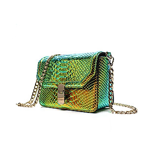 Yair Yangtz Holographic Snakeskin Crossbody Bag Shoulder Bag Women's Hologram Leather Purse (S Green)