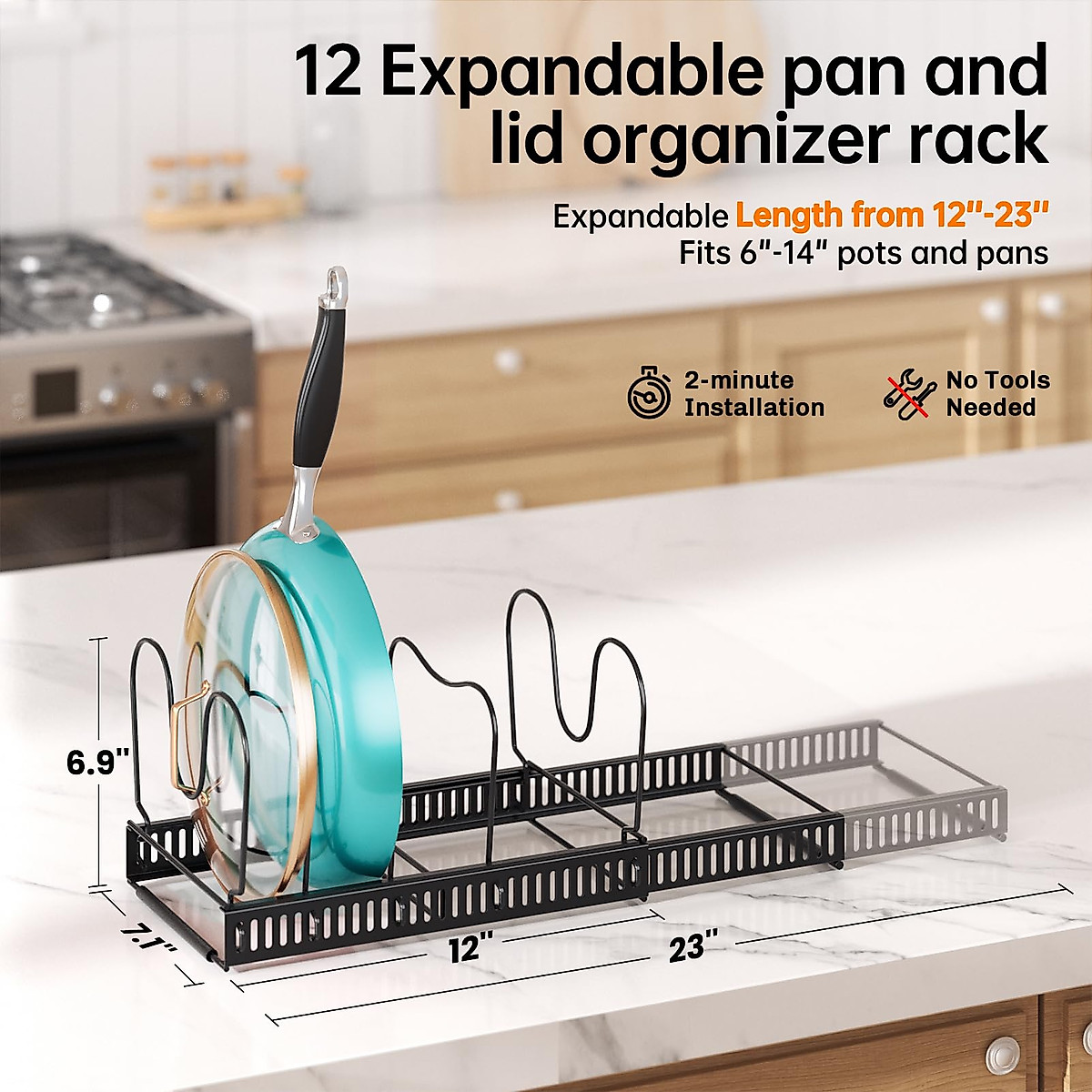 MUDEELA Expandable Pots and Pans Organizer Rack under Cabinet, Pots Lid Organizer Rack for Kitchen Cabinet Organizers and Storage with 12 Adjustable Dividers and Anti-scratch Strip