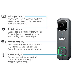 Lorex 1080p Wired WiFi Smart Video Doorbell Camera w/No Subscription Fee - Smart Security Lighting, Motion Detection, 2 Way Talk, Includes 32GB MicroSD (Slate)
