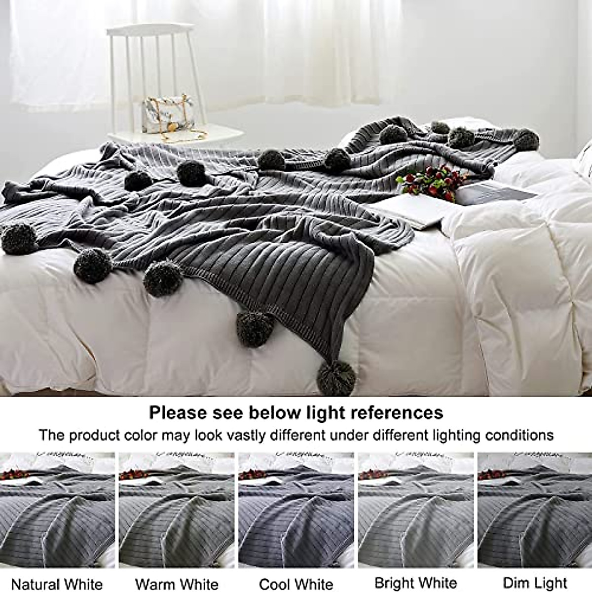 Fomoom Pom Pom Throw Blanket, Chunky Knit Pom Poms Throw Blanket, Decorative Knitted Cotton Blanket with Pompom Tassels for Gift (Dark Gray, 59"x79")