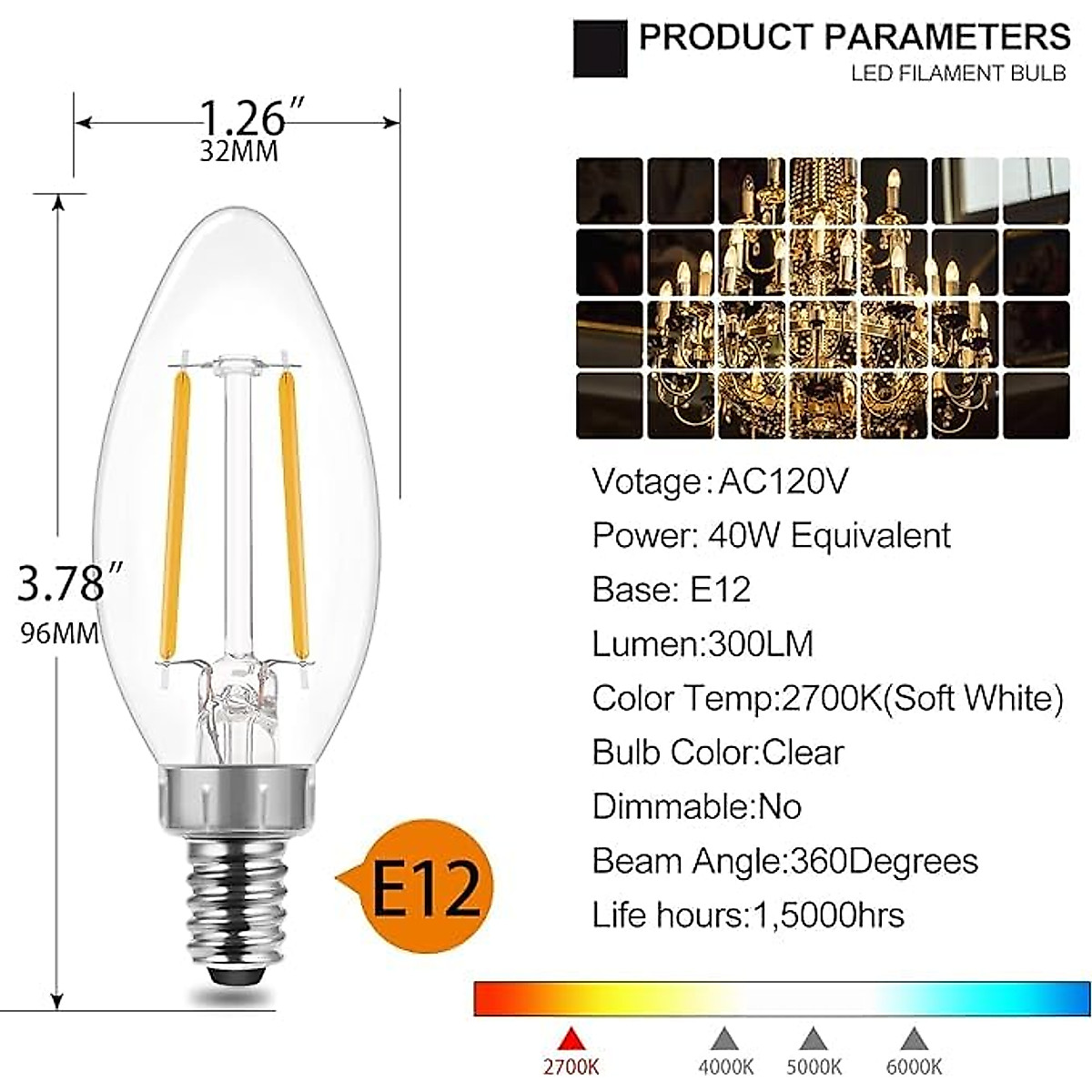 Energetic E12 B10 LED Classic Candelabra Clear Light Bulb, 40 Watt Equivalent, Soft White 2700K, Filament Clear Glass, Non-Dimmable, UL Listed, Pack of 24