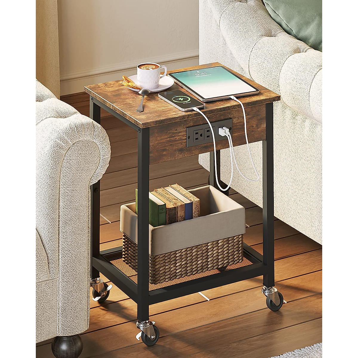 TC-HOMENY End Table Set of 2 with Charging Station & USB Ports, Side Table with Wheels & Storage Shelf Nightstand for Living Room Bedroom
