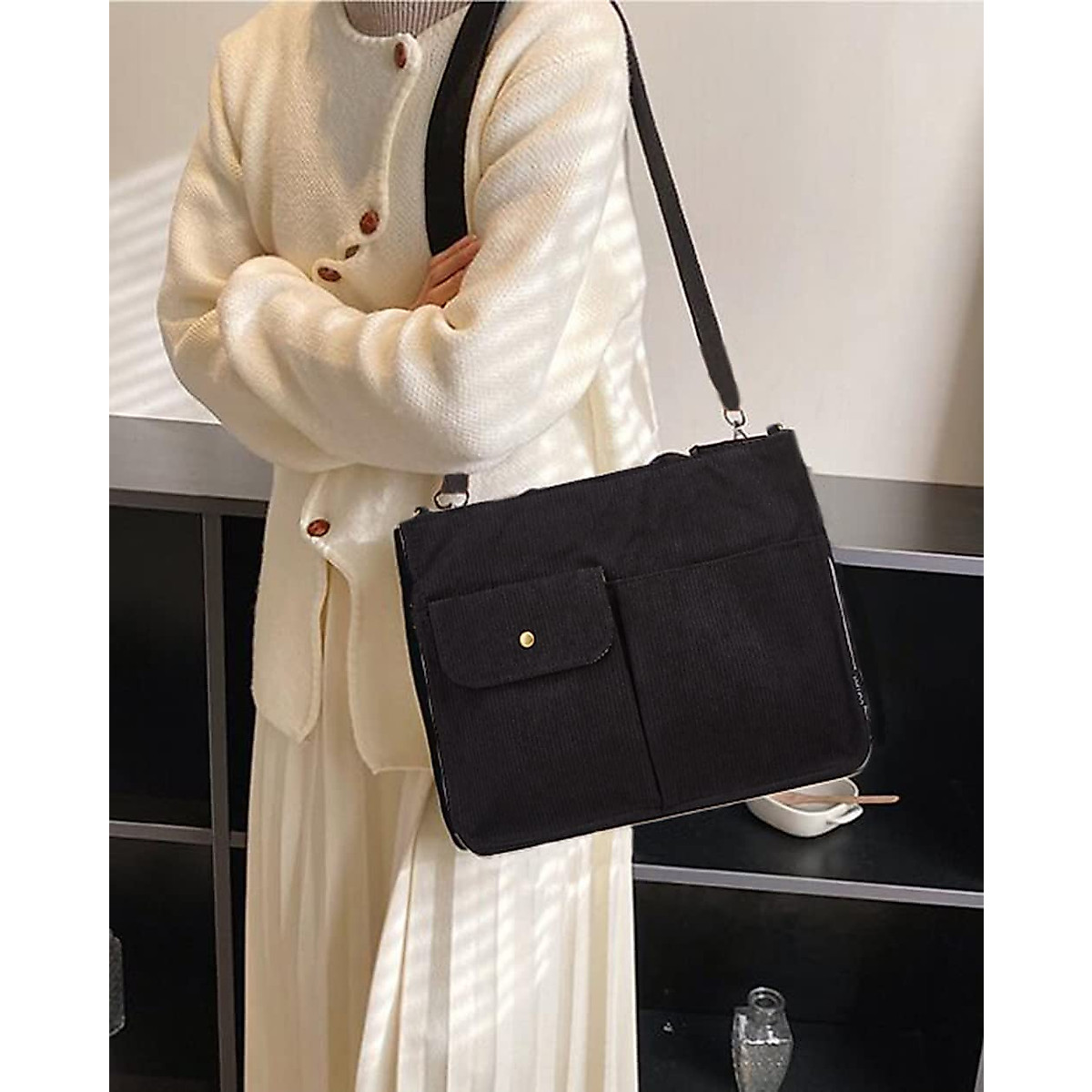 Niction Women's Corduroy Hobo Bag, Khaki, 13.38" x 4.72" x 10.23"