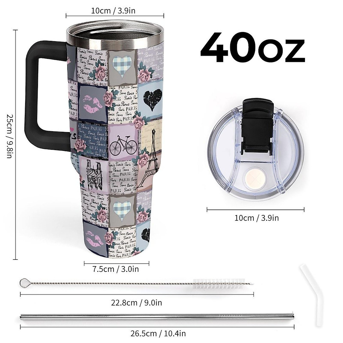 Niapessel Leak Proof Tumbler, Insulated Water Bottles with Straw, Retro Paris Art Insulated Cup with Handle 40 Oz Stainless Steel Flask for School, Travel, Car, Sports, Work