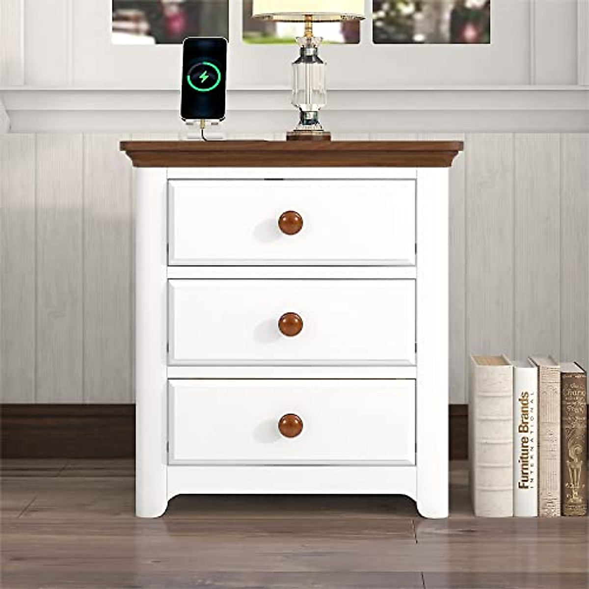 Flieks Wooden Nightstand with USB Charging Ports and Three Drawers,End Table for Bedroom,White+Walnut