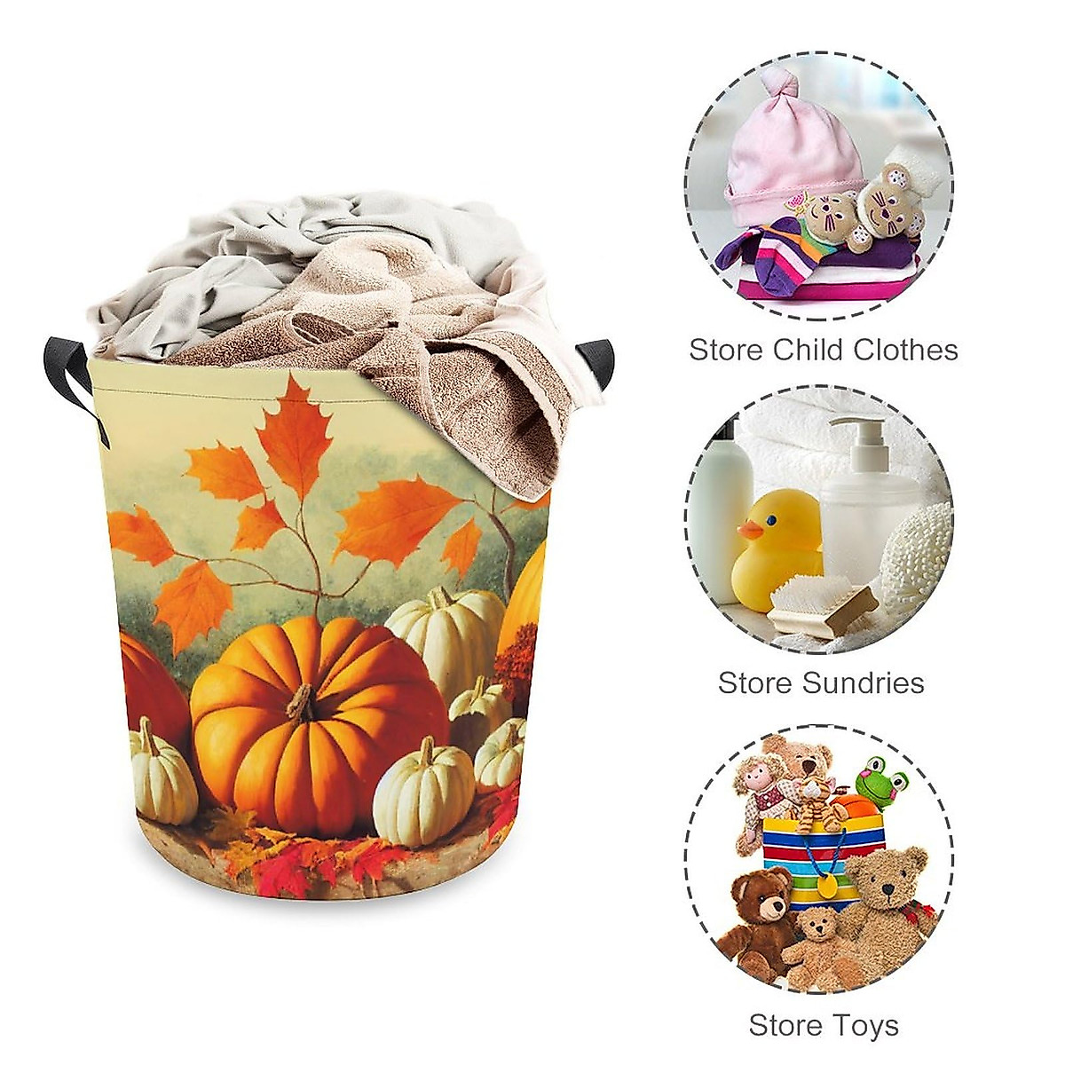 FISNAE Pumpkin Fall Leaves Storage Baskets, Thanksgiving Laundry Hamper-Collapsible Storage Bin with Handles,Toy Organizer Bin for Kid's Room,Office,Nursery Hamper, Home Decor