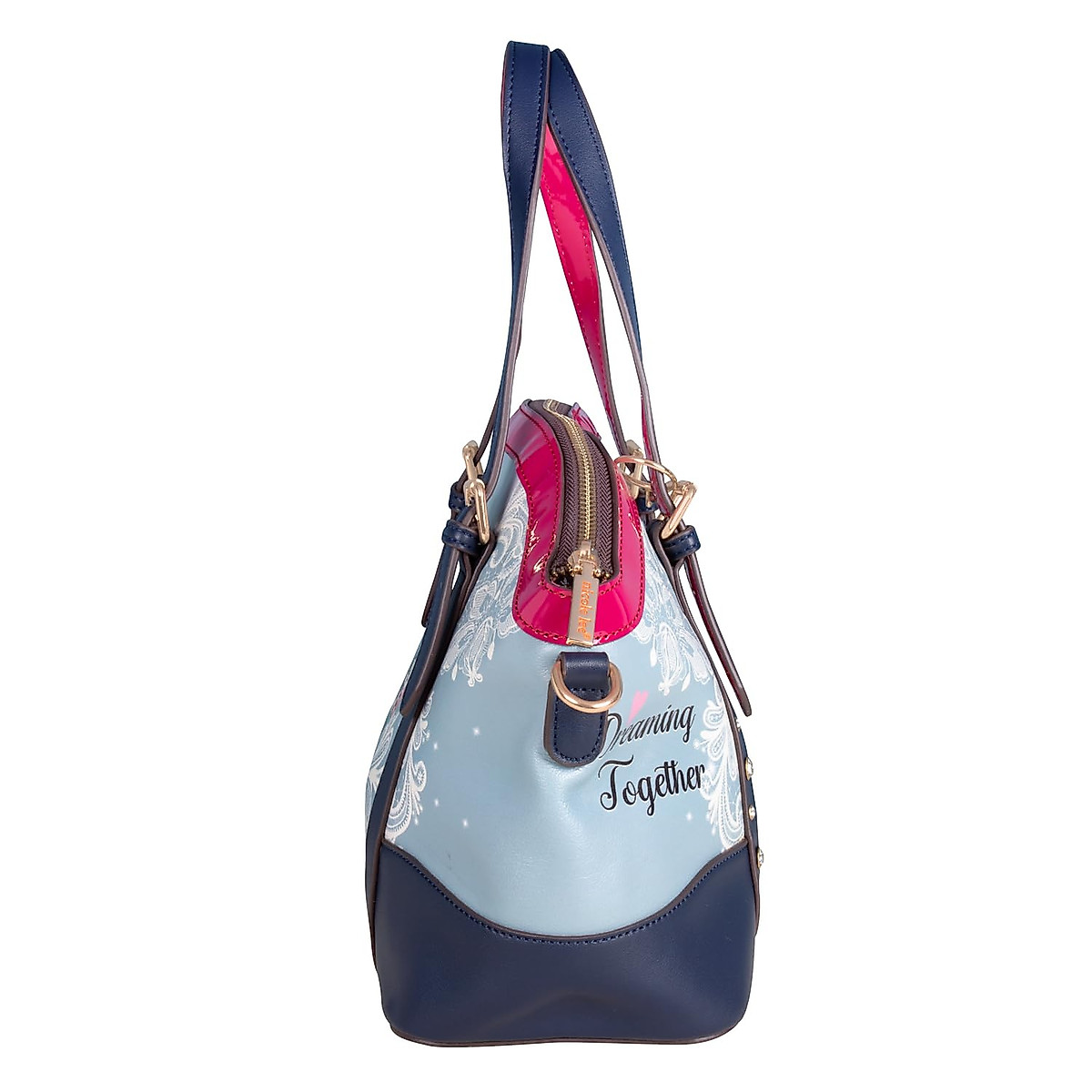 Nicole Lee Dreaming Together Handbag, Small Vegan Leather Bag with Crossbody Strap, Mother Daughter Fashion Print, Blue/Pink