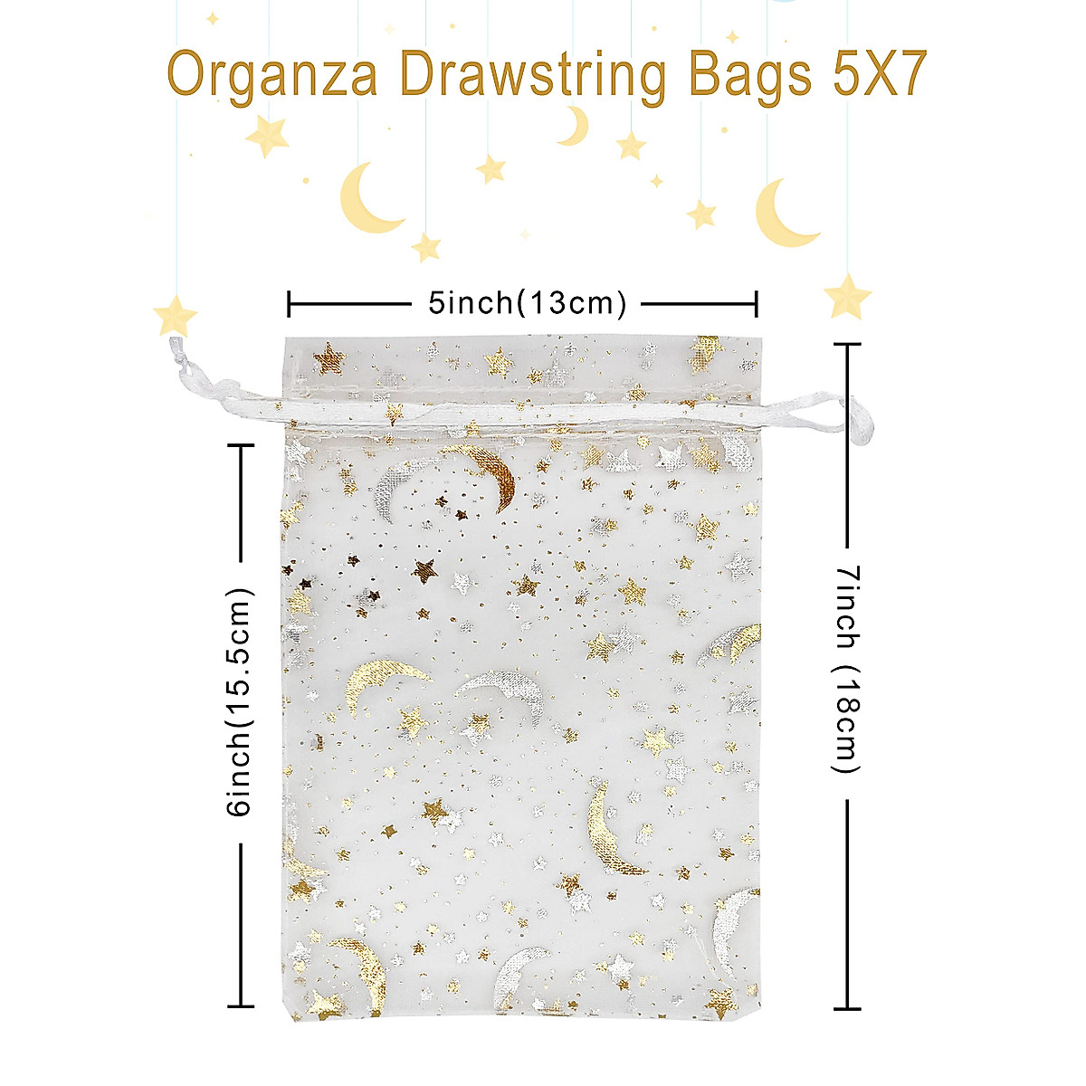 Jexila 100PCS Moon Star Organza Bags 5''X7'' White Mesh Drawstring Jewelry Gift Bags for Baby Shower Wedding Party Favor Candy Bags