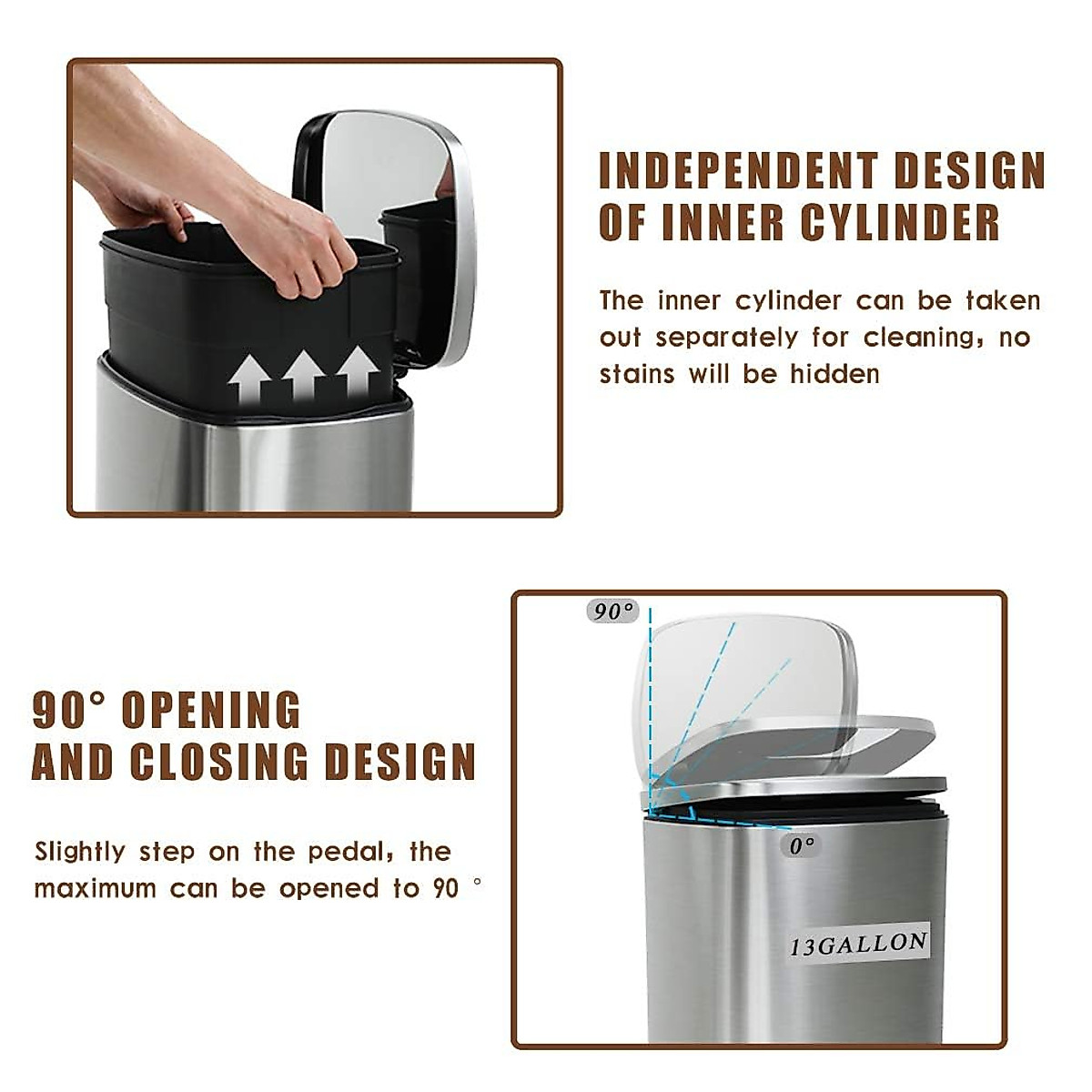 BestOffice 13 Gallon (50L) Trash Can with Lid Garbage Can Commercial Trash Can with Soft-Close Foot Pedal Fingerprint Proof Stainless Steel Trash Can for Kitchen Home Office Bedroom Bathroom