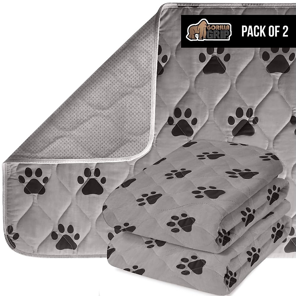 Gorilla Grip Washable Puppy Pads, 40x26 Pack of 2, Slip Resistant Dog Crate Mat, Waterproof Cloth Pee Pad for Training Puppies in Playpen, Reusable Pet Incontinence Blanket, Protects Sofa, Furniture