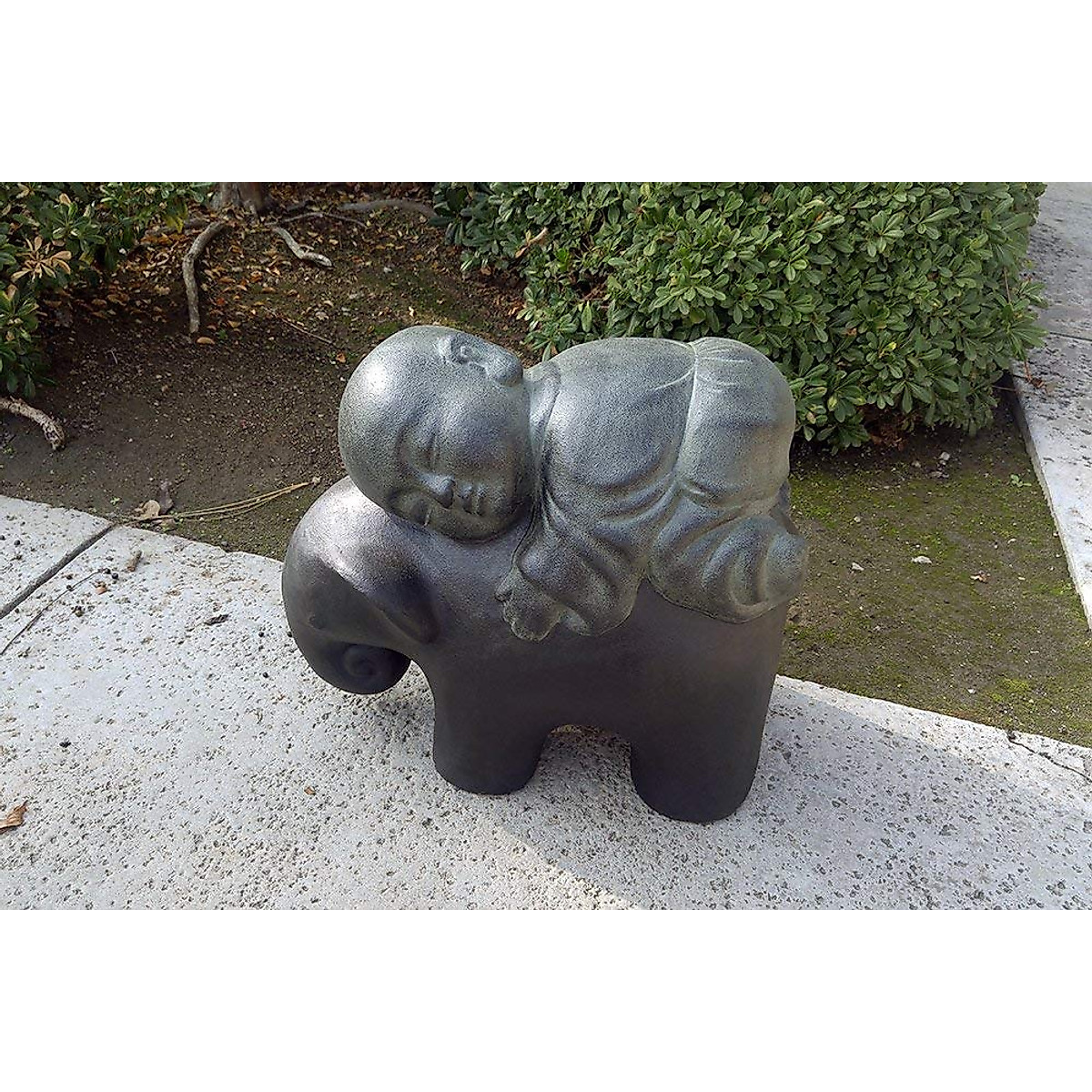 Shaolin Monk on Elephant Buddha Zen Garden Statues Good Luck Elephant - Rustic Green