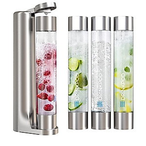 Fizzpod Home Soda Maker Sparkling Water Carbonator With 3 Bottles and 2 Bottle Brushes (Silver)