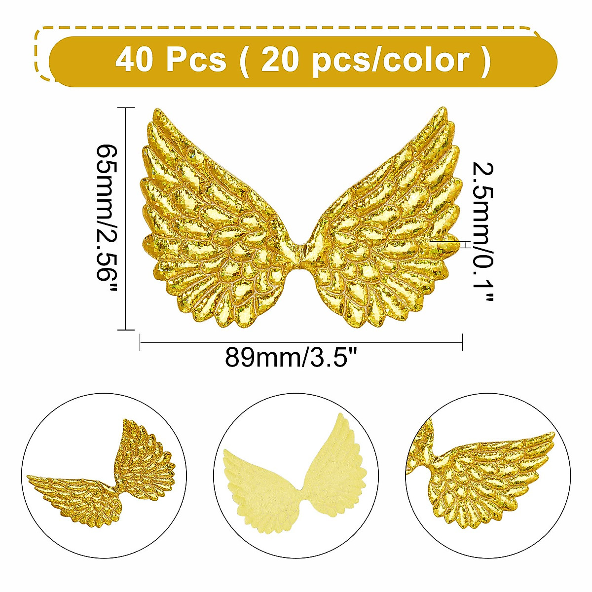 arricraft 40 Pcs Glitter Craft Angel Wings, 2 Colors Fabric Wing Patches Embossed Wing Patches for DIY Craft Clothing Ornament Supplies Shirts Jeans Craft Sewing (Gold & Silver)