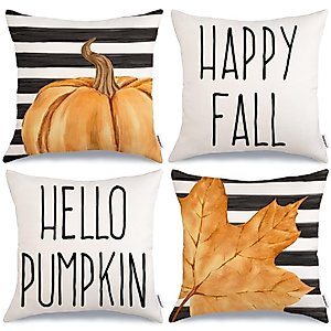 GEEORY Fall Decor Pillow Covers 16x16 inch Set of 4 Stripes Pumpkin Maple Leaf Happy Fall Outdoor Fall Pillows Decorative Throw Pillows Farmhouse Thanksgiving Cushion Case for Couch Sofa