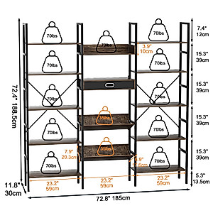 GEBAROW 5 Tier Bookshelf with Triple Wide, Modern Bookshelf with Metal Frame, Industrial Bookshelf, Large Open Bookshelf for Bedroom, Living Room and Home Office Vintage Brown (2)