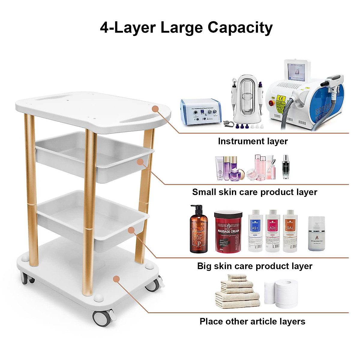 Beauty Salon Furniture Trolley Spa Styling Pedestal Rolling Cart 4 Shelf Abs Aluminum Elitzia ETTRO5