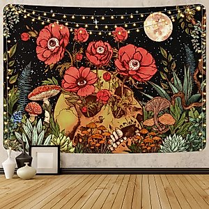 Uspring Skull Floral Tapestry Flowers Skeleton Tapestry Moon Garden Tapestry Mushroom Plants Tapestry Trippy Vintage Tapestry Wall Hanging for Room (59.1 × 82.7 inches)
