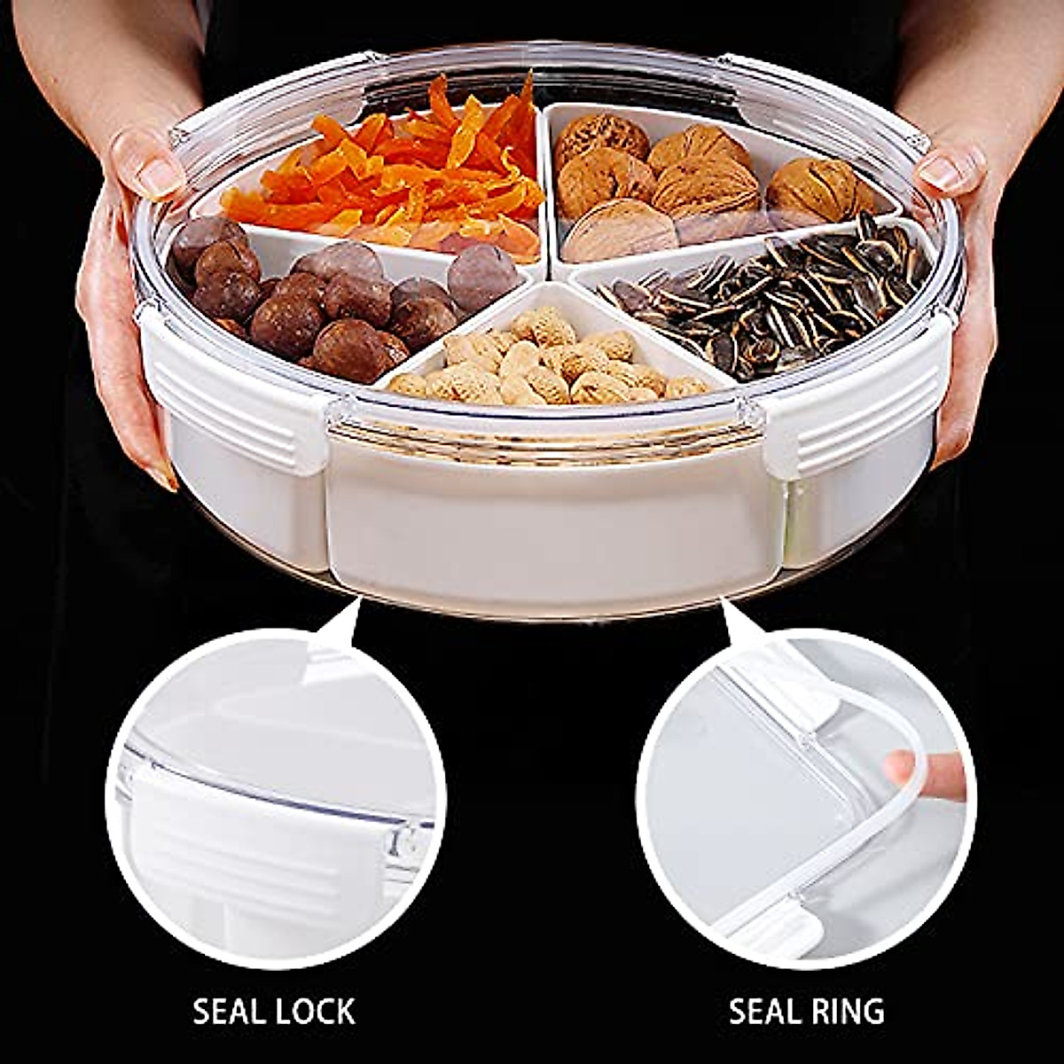 Yuroochii Round Plastic Divided Serving Tray with Lids, Snack fruit tray, 5 Compartment Round Food Storage Lunch Organizer, food storage lunch storage box, vegetarian candy snack party appetizer tray