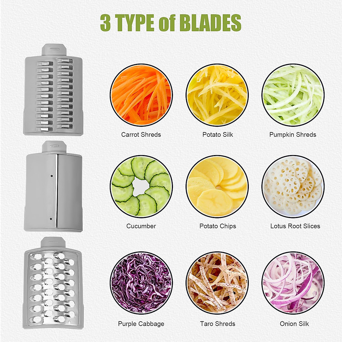Aiwglenten Electronic Vegetable Slicer is Easy to Use and Flexible,Can be Carried 0utdoors, Has 3 Different Shapes of Blades, Electric Salad Machine Can be Used for Cheese, Fruit, Vegetables