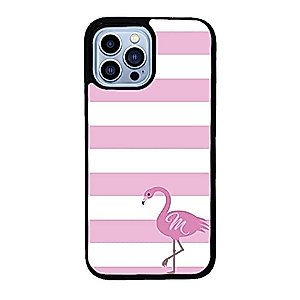 Pink and White Bars Flamingo Personalized Apple iPhone Black Rubber Phone Case Compatible with iPhone 14 Pro Max, Pro, Max, iPhone 13 Pro Max Mini, 12 Pro Max Mini, 11 Pro Max X XS Max XR 8 7 Plus
