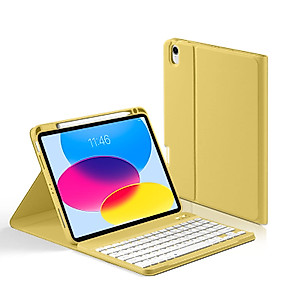 LeiJue Keyboard Case with Pencil Holder for iPad 10th Generation 2022, Pu Leather Stand Cover with Magnetic Detachable Keyboard fit for iPad 10 Gen 10.9 inch (Yellow)