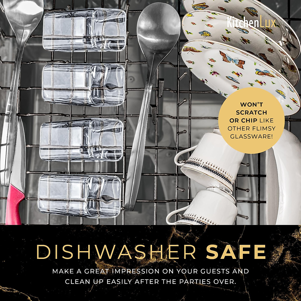 Kitchen Lux Square Drinking Glasses Set of 2 - Square Glass Cups 12 oz - Modern Glassware Set - Trendy Aesthetic Glass Ware for Highball Whiskey Cocktail Beer Water Tea Iced Coffee - Bar Accessories