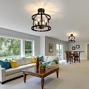 UOFUS 2-Pack Semi Flush Mount Ceiling Light Fixture Farmhouse Matte Chandelier Ceiling Lamp for Entryway Foyer Dining Room Bedroom Kitchen Hallway （Black Metal ）