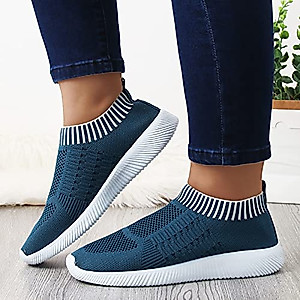 Womens Walking Shoes New Slide Hollow-Out Round Toe Casual Women's Outdoor Sneakers,Fashion Casual Hollow-Out Round Toe Slip On Shoes Flat for Women vhjh04 Blue