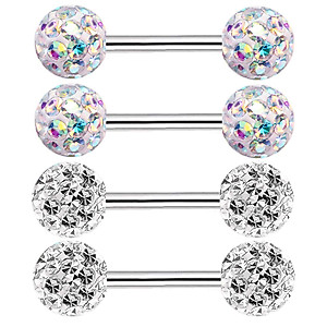 ZHIYAOR Never Fall out Crystal 14G Studs Nipple Rings Piercing Barbell Anti-allergy Surgical Steel Pairs (1pair AB,1pair White)