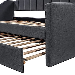 FIQHOME Daybed with Trundle,Upholstered Twin Daybed with Trundle, Modern Wood Sofa Bed for for Living Room and Bedroom,No Spring Box Needed, Black