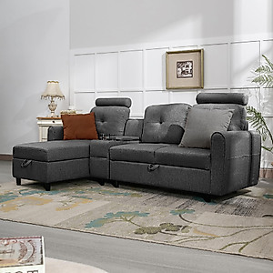 BALUS 88" W Reversible Living Room Sofa, Convertible L-Shaped Combination Sofa with Upholstery, Recliner with Storage, Modern Combination Sofa, belfin Combination Combination Sofa (Dark Grey)