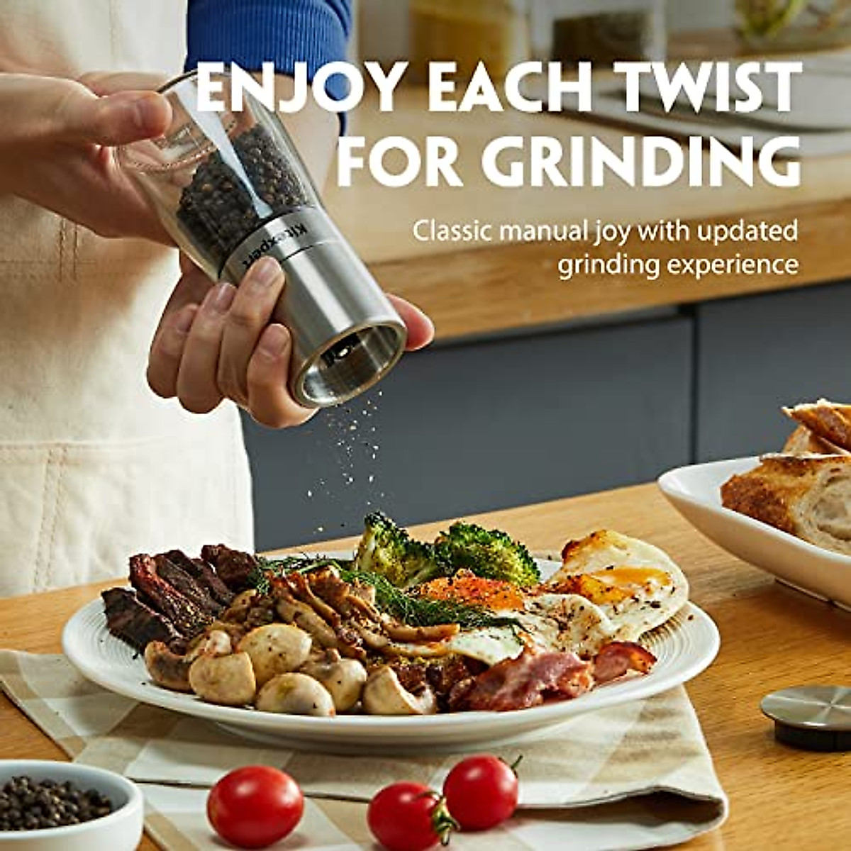 KITEXPERT Pepper Grinder - Chunky Glass Pepper Mill Grinder with Large Capacity - Upgraded Grinding Precision Pepper Grinder Manual - Refill Salt Grinder