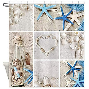 Amagical Blue Starfish Seashell Conch 3 Piece Shower Curtain Bathroom Mat Set Wishing Bottle Love Stone Design Bath Mat + Contour Mat + Shower Curtain + 12 Hooks