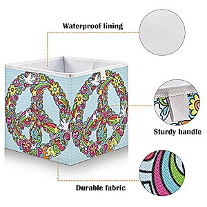 ALAZA Peace Sign Flower Floral Striped 11 Inch Cube Storage Bin Organizer Foldable Basket for Closet Cabinet Shelf Office