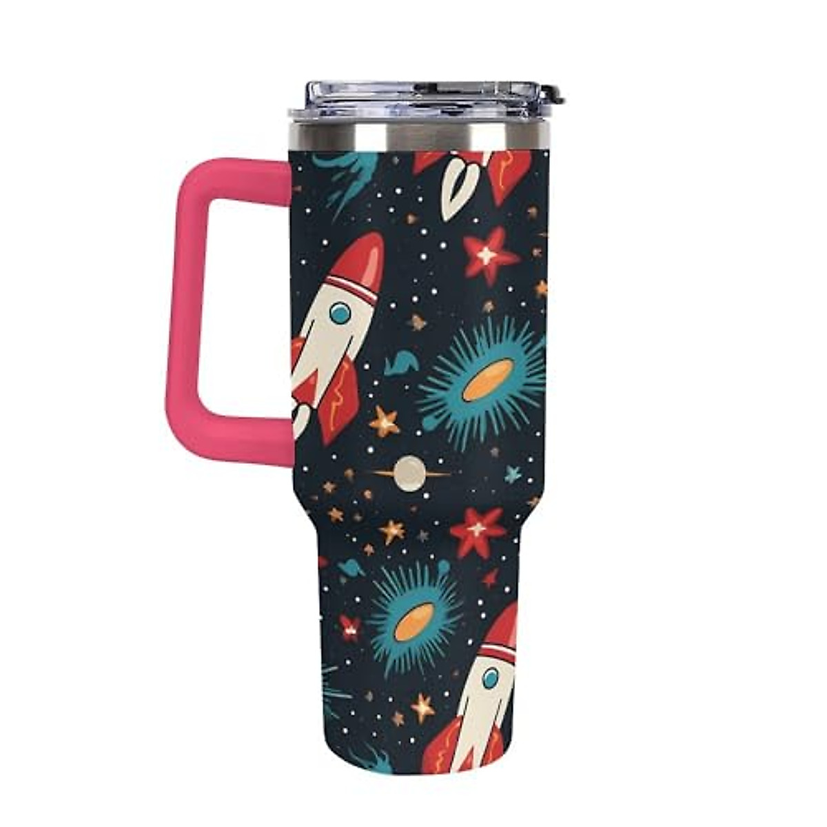 Cartoon Rockets 40 Oz Car Cup Stainless Steel Travel Mug Leak-Proof Insulated Tumbler with Handle Light Rose Red-style